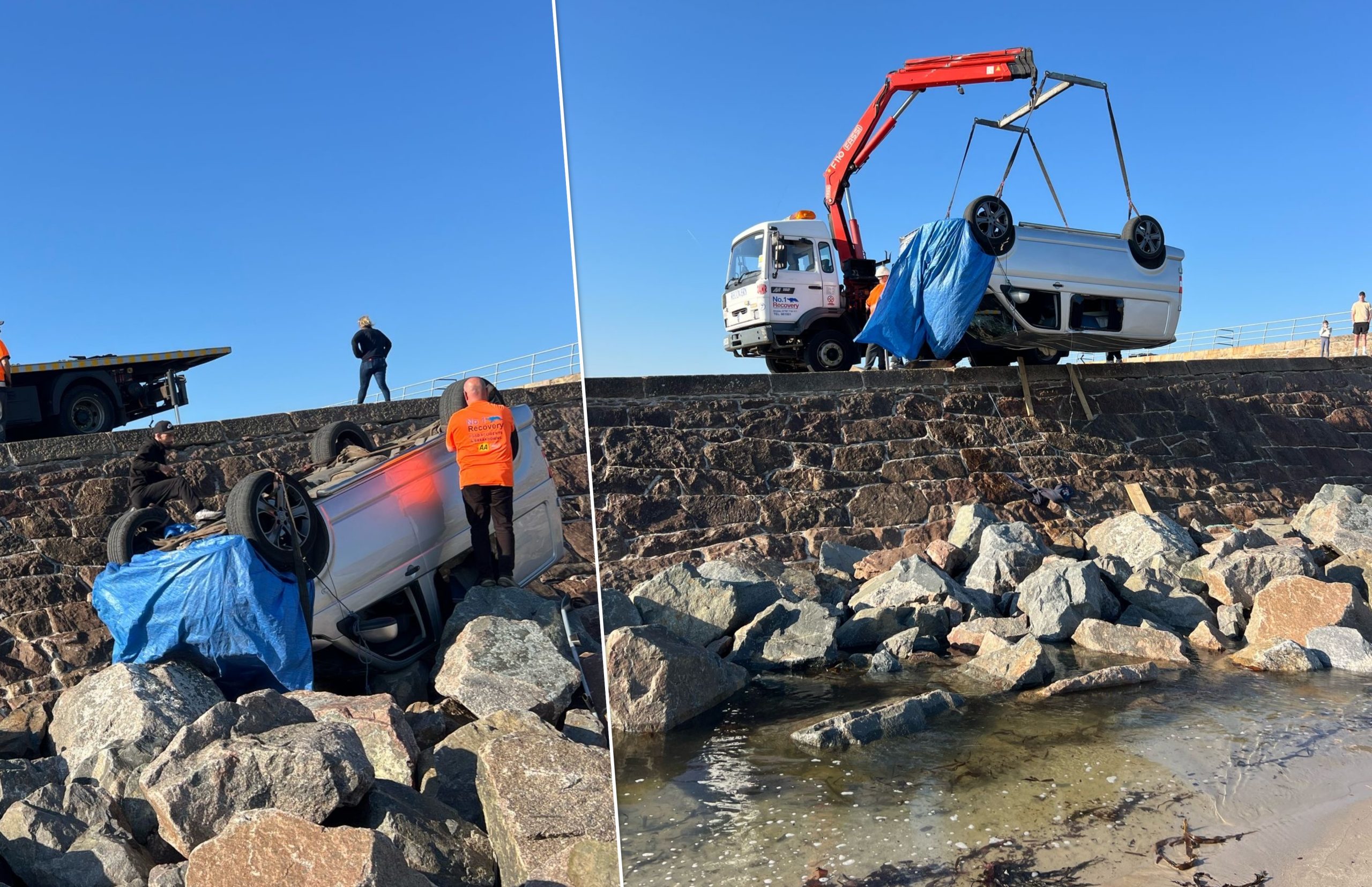 WATCH: Race against the tide! Flipped van pulled from rocks at St Ouen ...